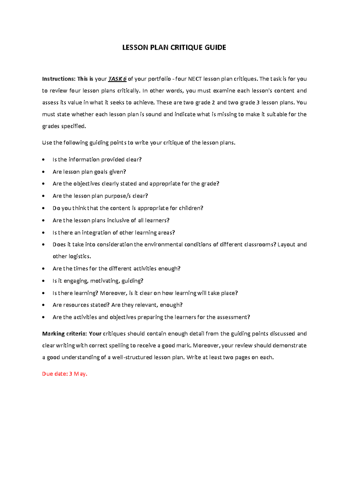 Lesson PLAN Review 2024 - LESSON PLAN CRITIQUE GUIDE Instructions: This ...