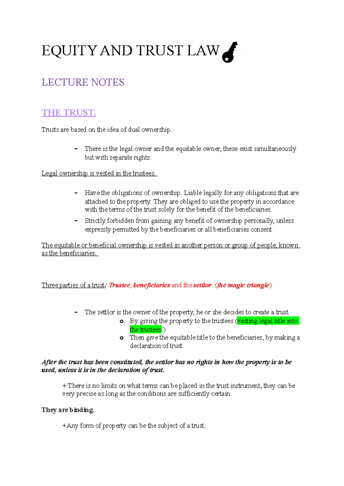 Equity And Trust Law Notes University of Exeter - EQUITY AND TRUST LAW ...