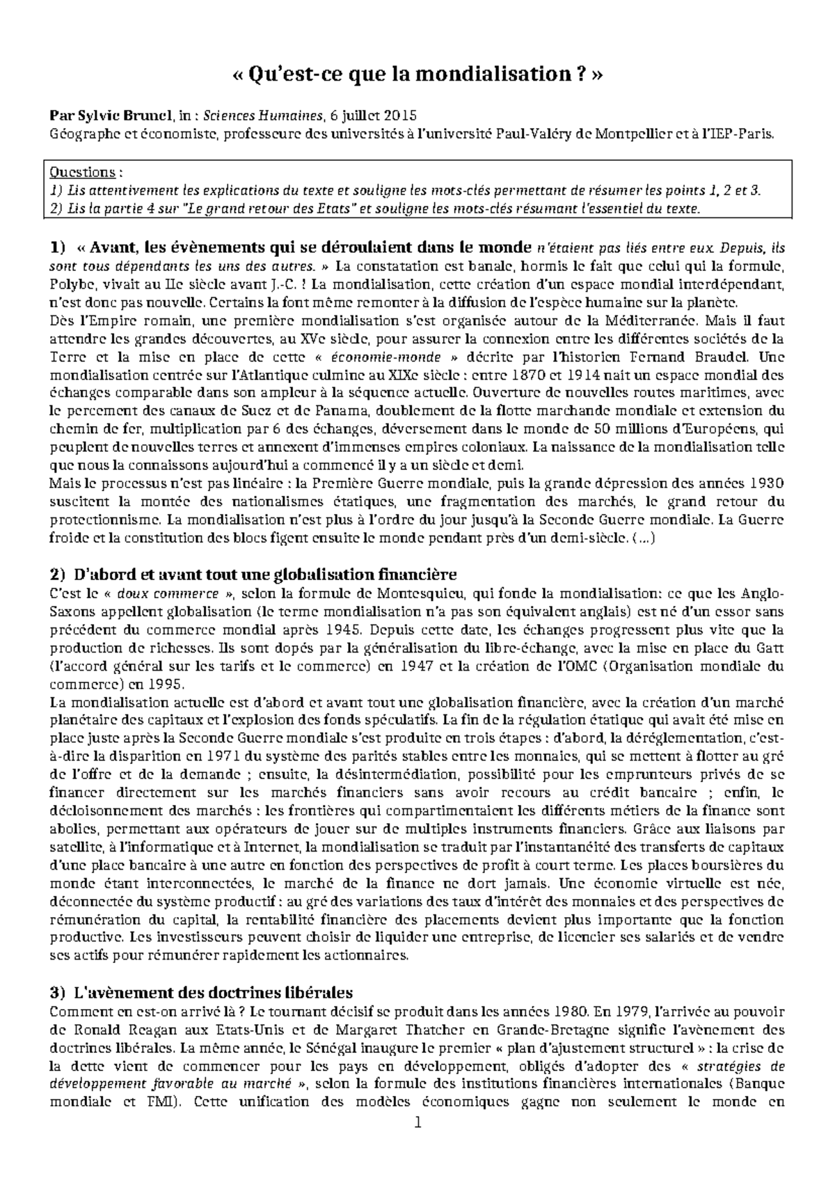 Qu'est-ce que la mondialisation - Questions : 1) Lis attentivement les ...