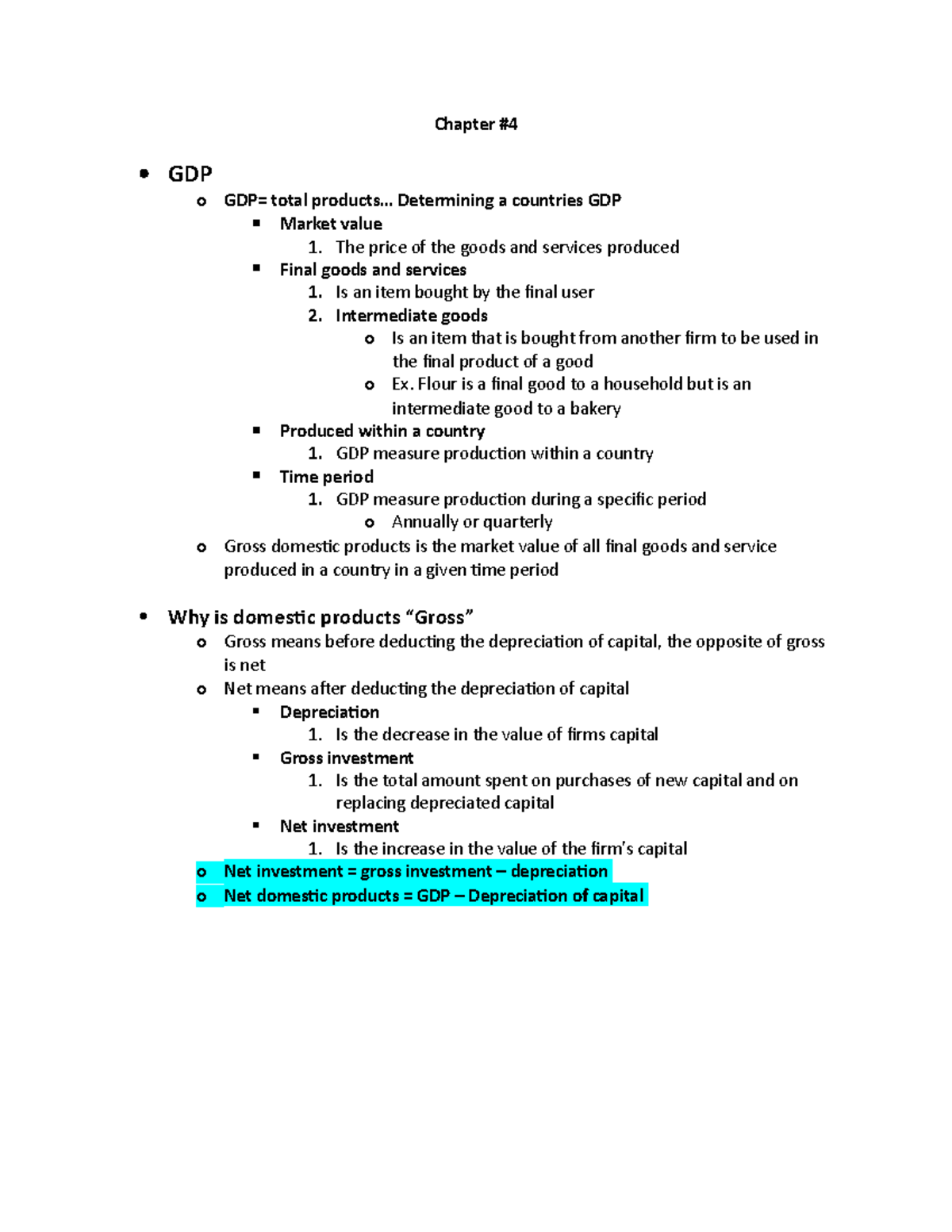 Econ 102- Chapter#4 - notes - Chapter # GDP o GDP= total products ...