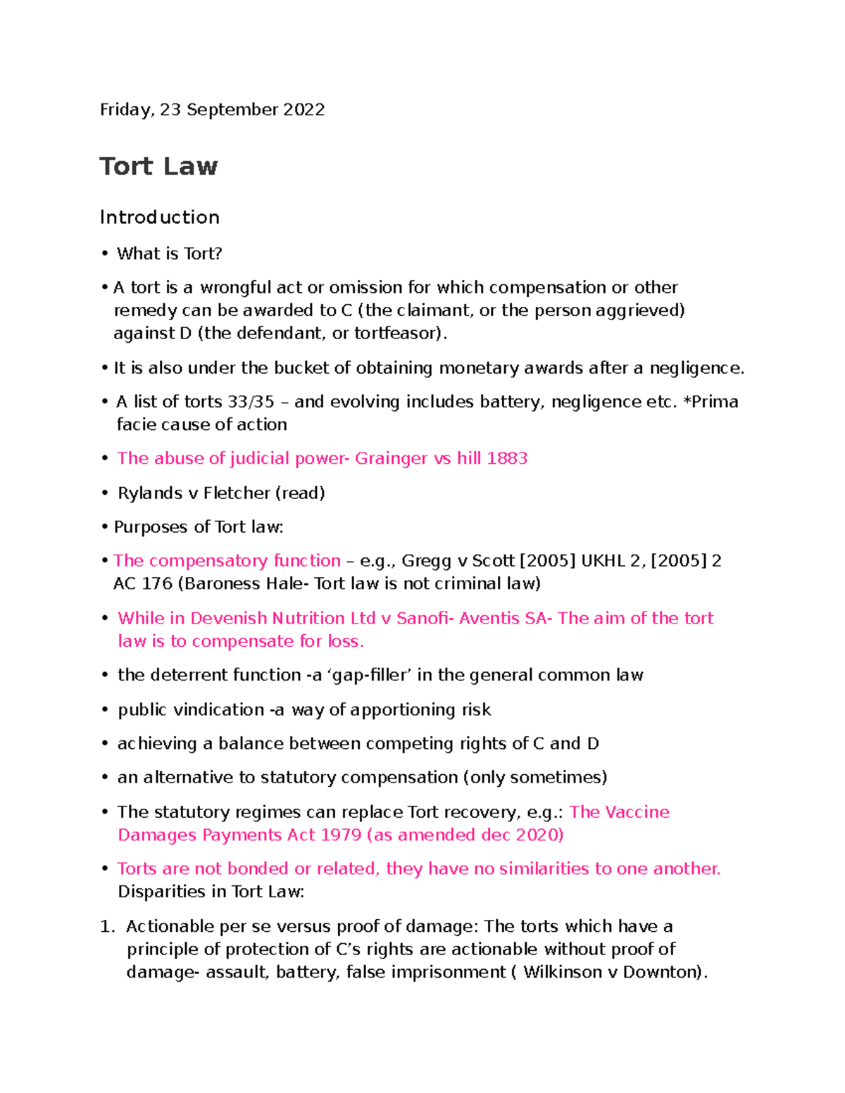 Week 1 - Friday, 23 September 2022 Tort Law Introduction What is Tort ...