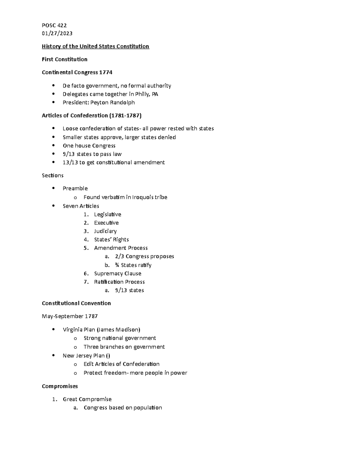 POSC422 Notes Exam 1 - 01/27/ History of the United States Constitution ...