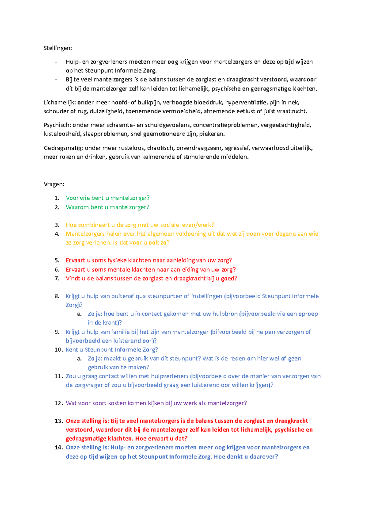 Vragen Interview Mantelzorger - Stellingen: Hulp- en zorgverleners ...