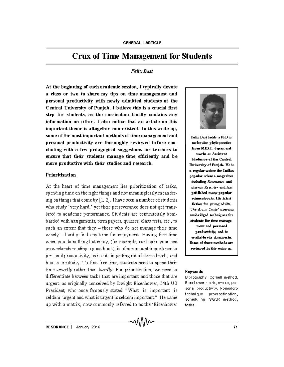 0071-0088 - Aaa - RESONANCE ̈ January 2016 71 Crux of Time Management ...