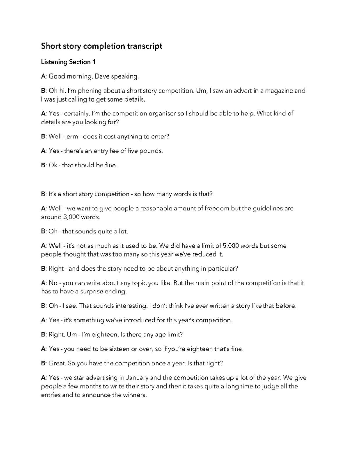 Short story completion transcript - Econimic - Studocu