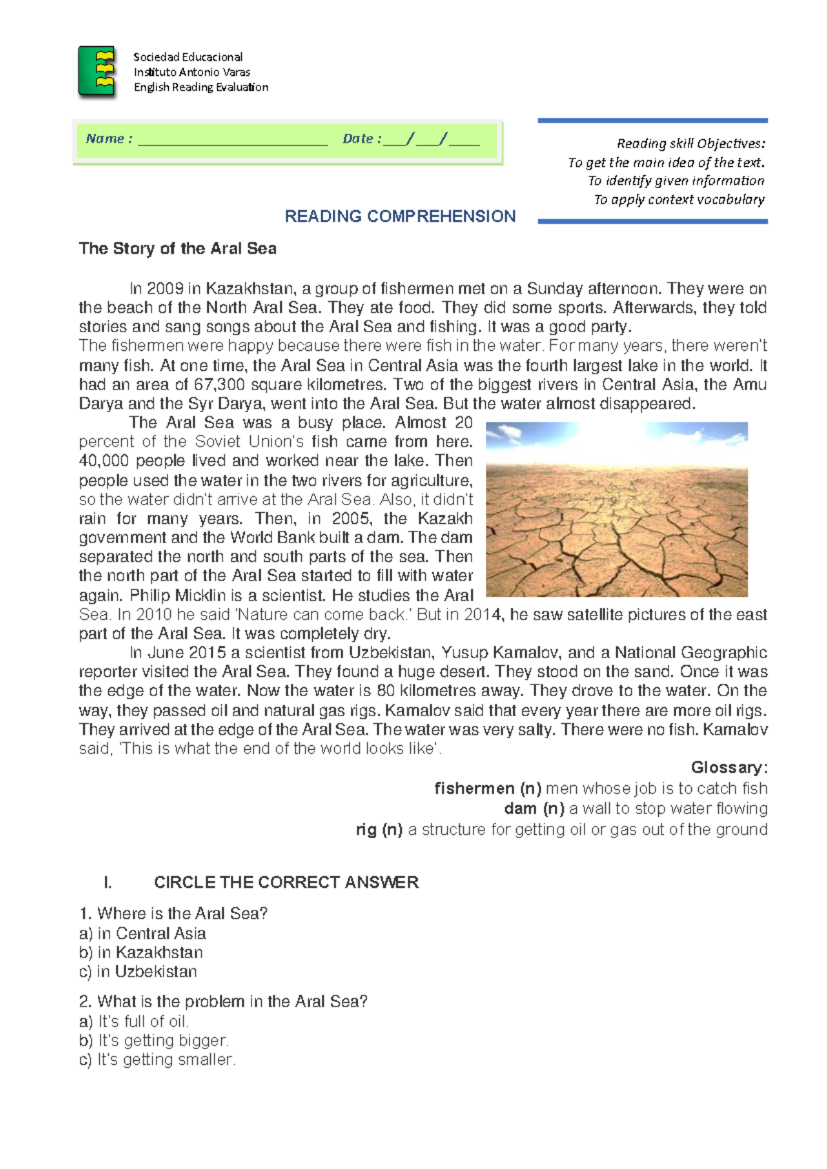 ARAL SEA Reading - Sociedad Educacional Instituto Antonio Varas English ...