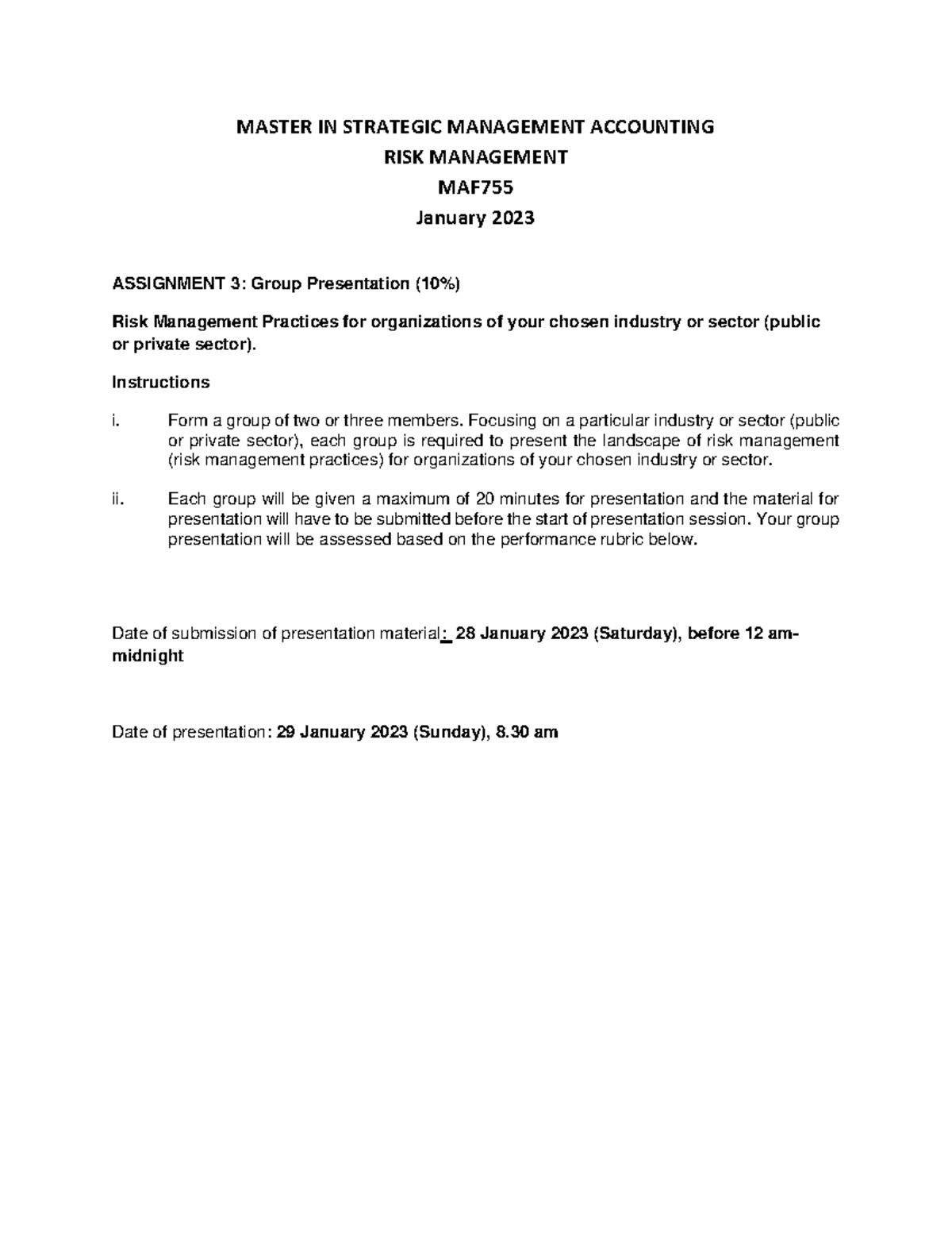 MAF 755 Risk Mgt Control Assignment 3 Group Presentation January 2023 ...