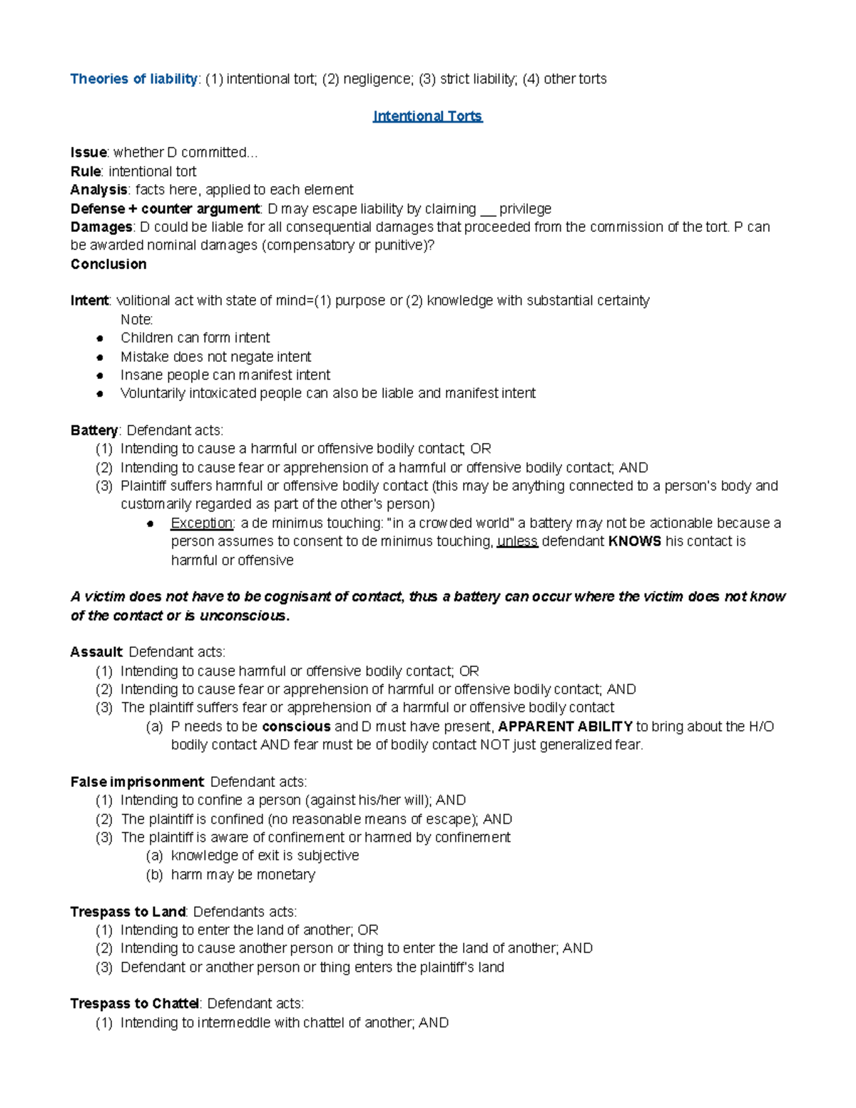 Torts Mini Outline - Theories of liability : (1) intentional tort; (2 ...