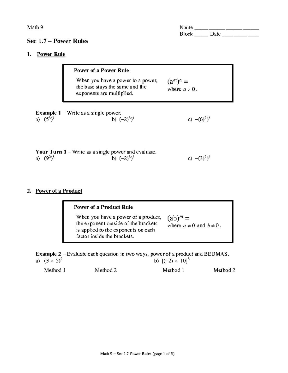Ma9 1.7 Power Rules - assignments/homework good for practice - Math 9 ...