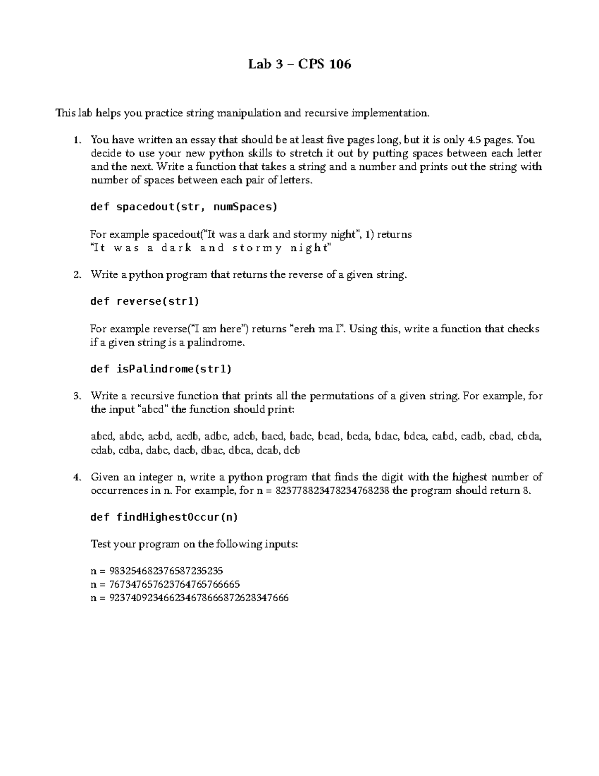 Lab3 - dsadasdsa - Lab 3 – CPS 106 is lab helps you practice string ...
