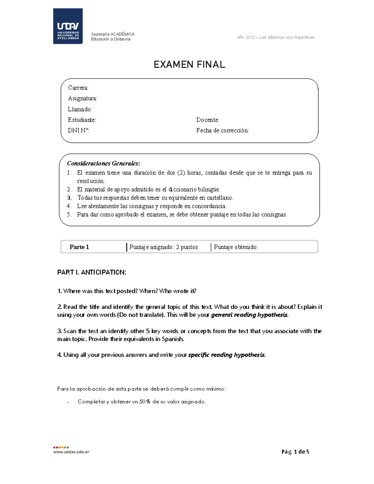 Modelo de examen final ingles 1 - WĄŐ͘ ϭ ĚĞ ρ 6HFUHWDUtD $&$'e0 ...