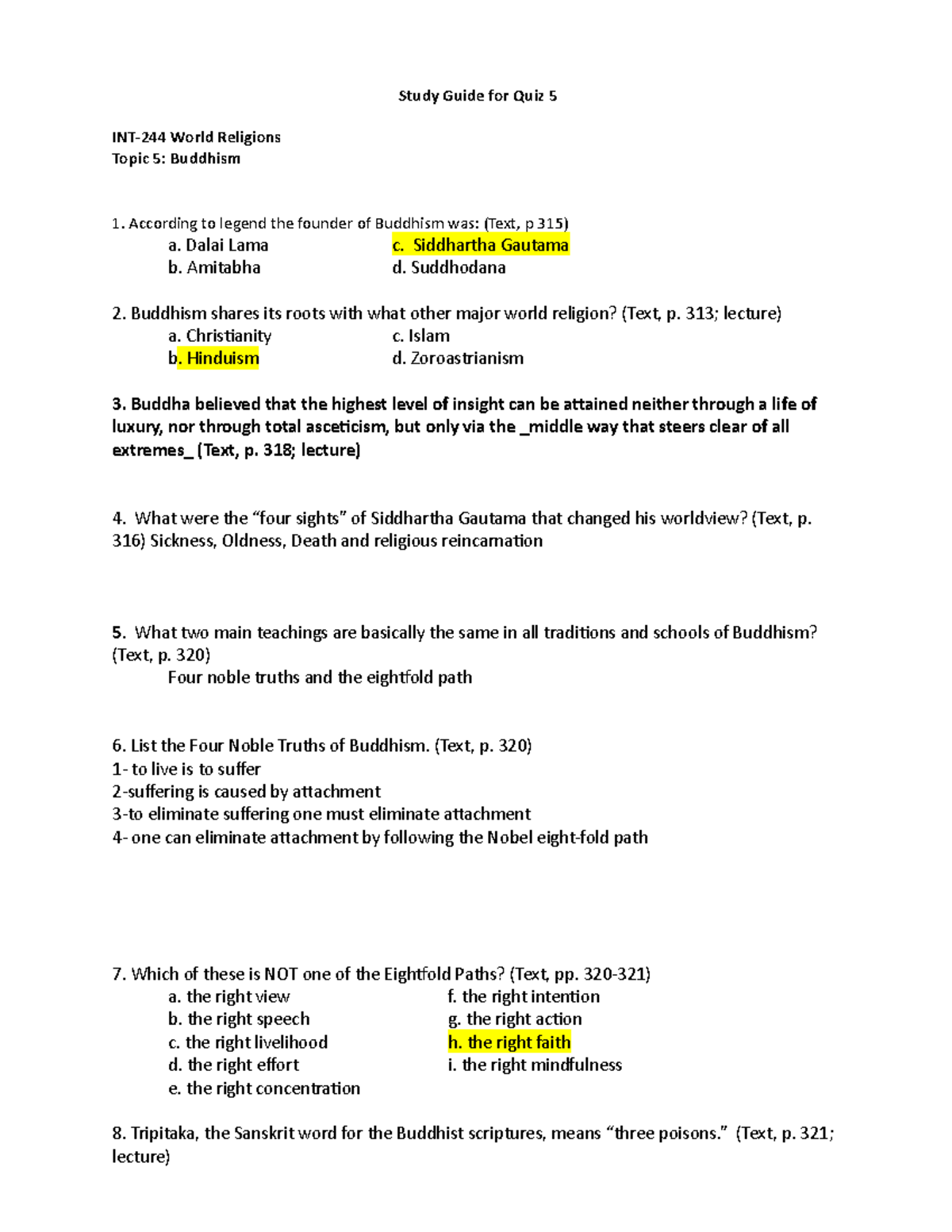 Buddhism quiz guide - Practice - Study Guide for Quiz 5 INT-244 World ...