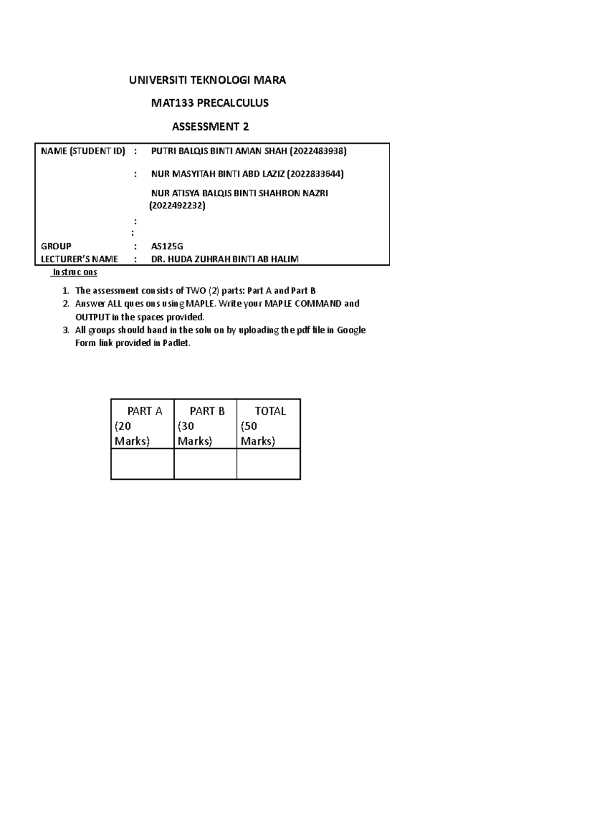 LAB Assignment - NONE - UNIVERSITI TEKNOLOGI MARA MAT133 PRECALCULUS ASSESSMENT 2 NAME (STUDENT ...