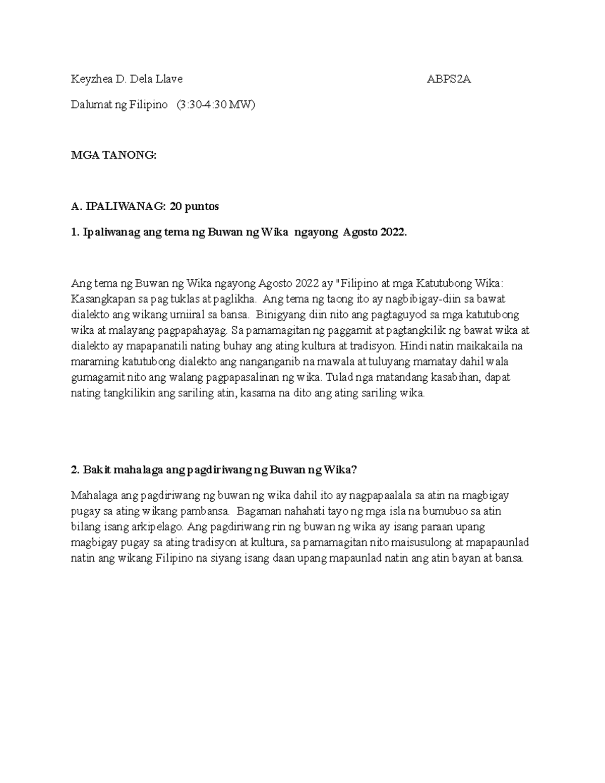 Buwan ng Wika - summary - Keyzhea D. Dela Llave ABPS2A Dalumat ng Filipino (3:30-4:30 MW) MGA ...