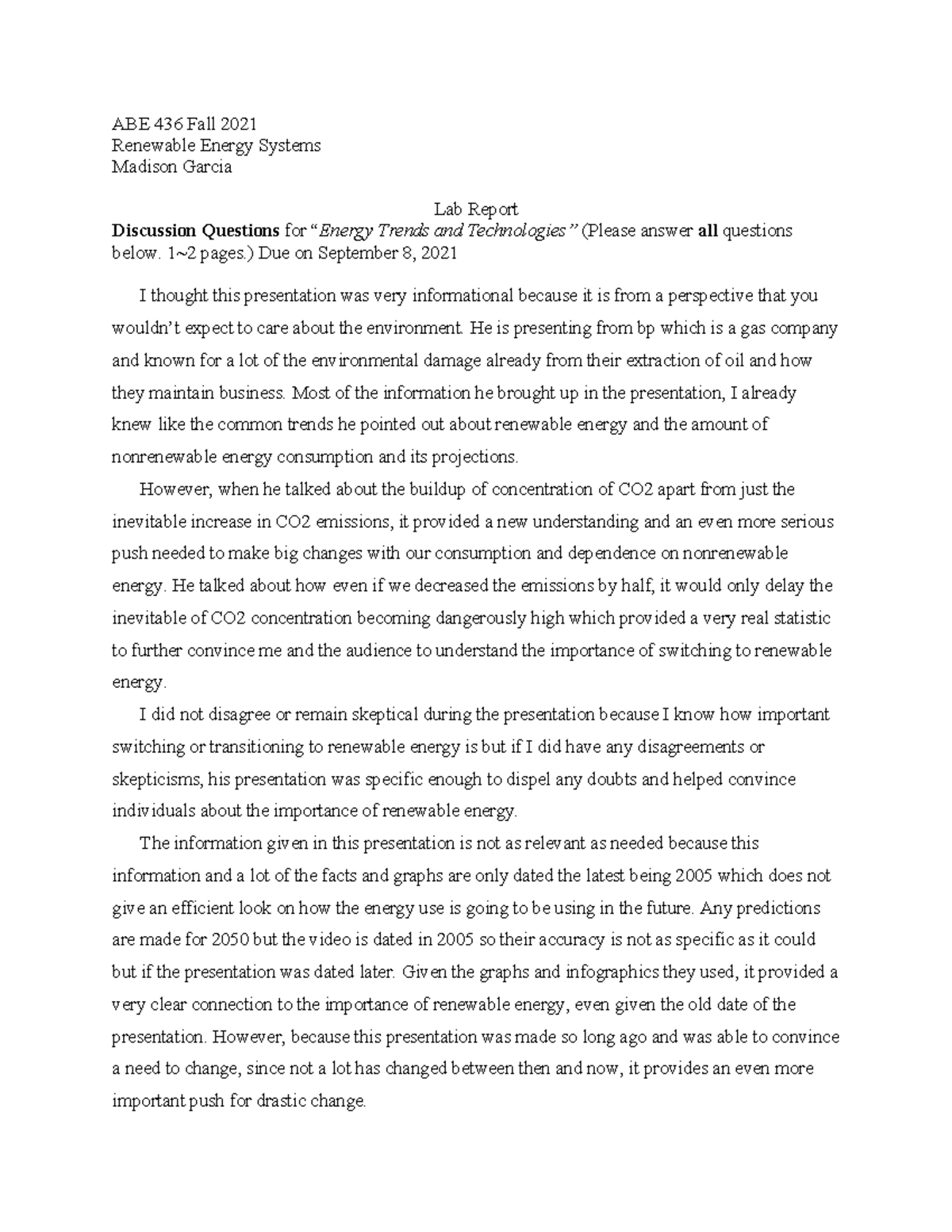 first Lab Report 1 analysis ABE 436 UIUC - ABE 436 Fall 2021 Renewable ...