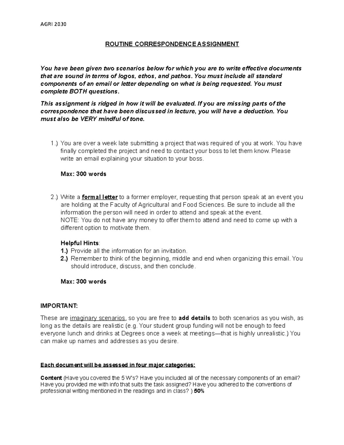 Routine Correspondence Assignment-2021 - AGRI 2030 ROUTINE ...