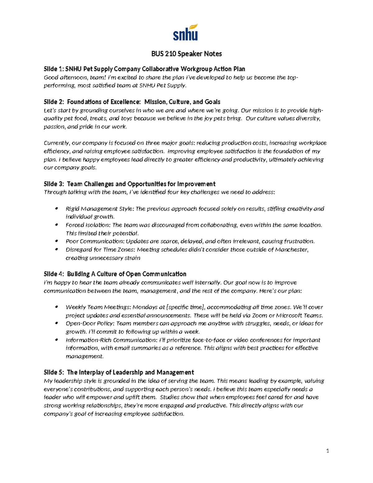 BUS 210 Speaker Notes PROJECT ONE - BUS 210 Speaker Notes Slide 1: SNHU ...