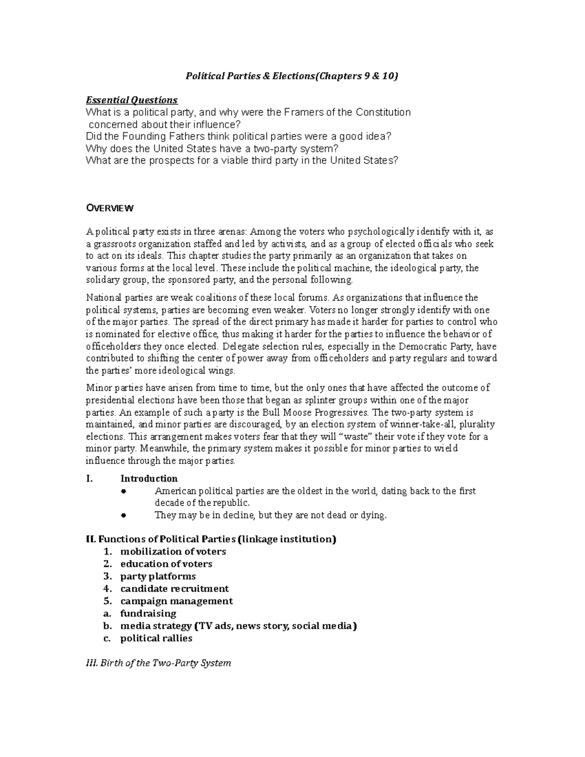Political Parties packet - Political Parties & Elections(Chapters 9 ...
