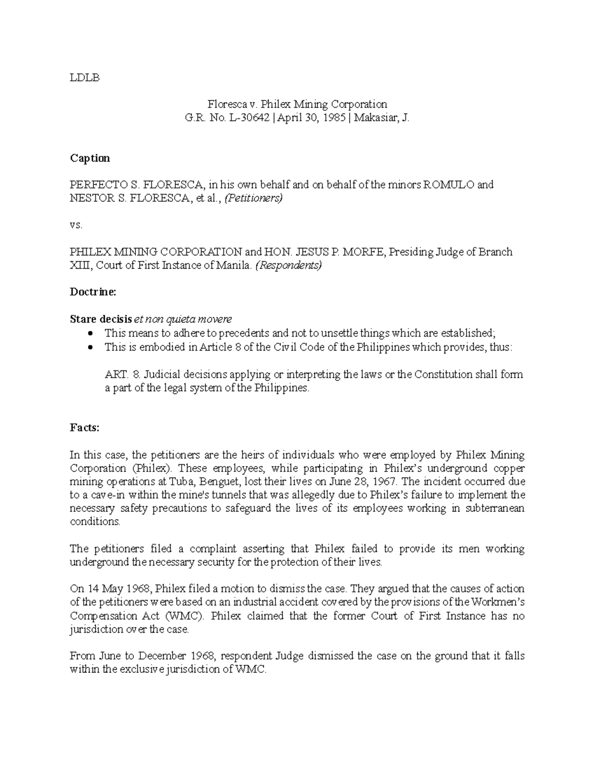 [ Statcon] Digest - Floresca v. Philex Mining Corporation - LDLB ...