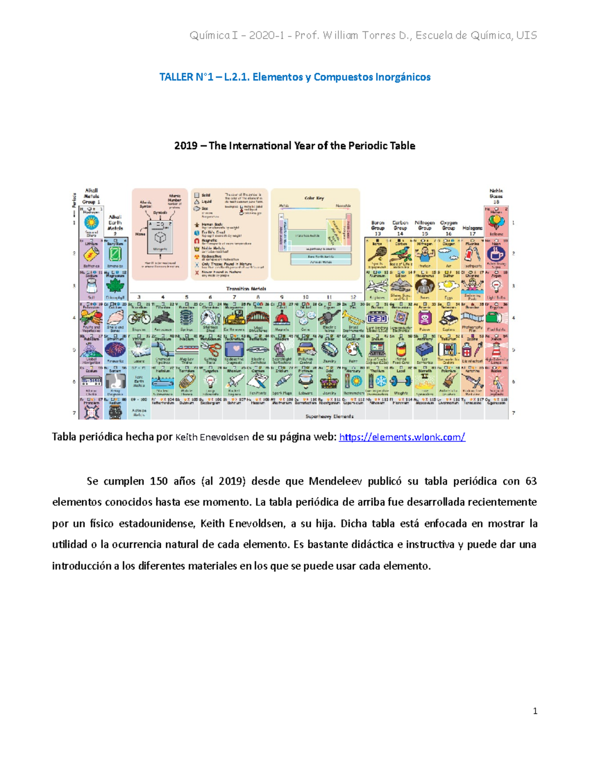 Taller Elementos y compuestos inorgánicos - TALLER N°1 – L.2. Elementos ...