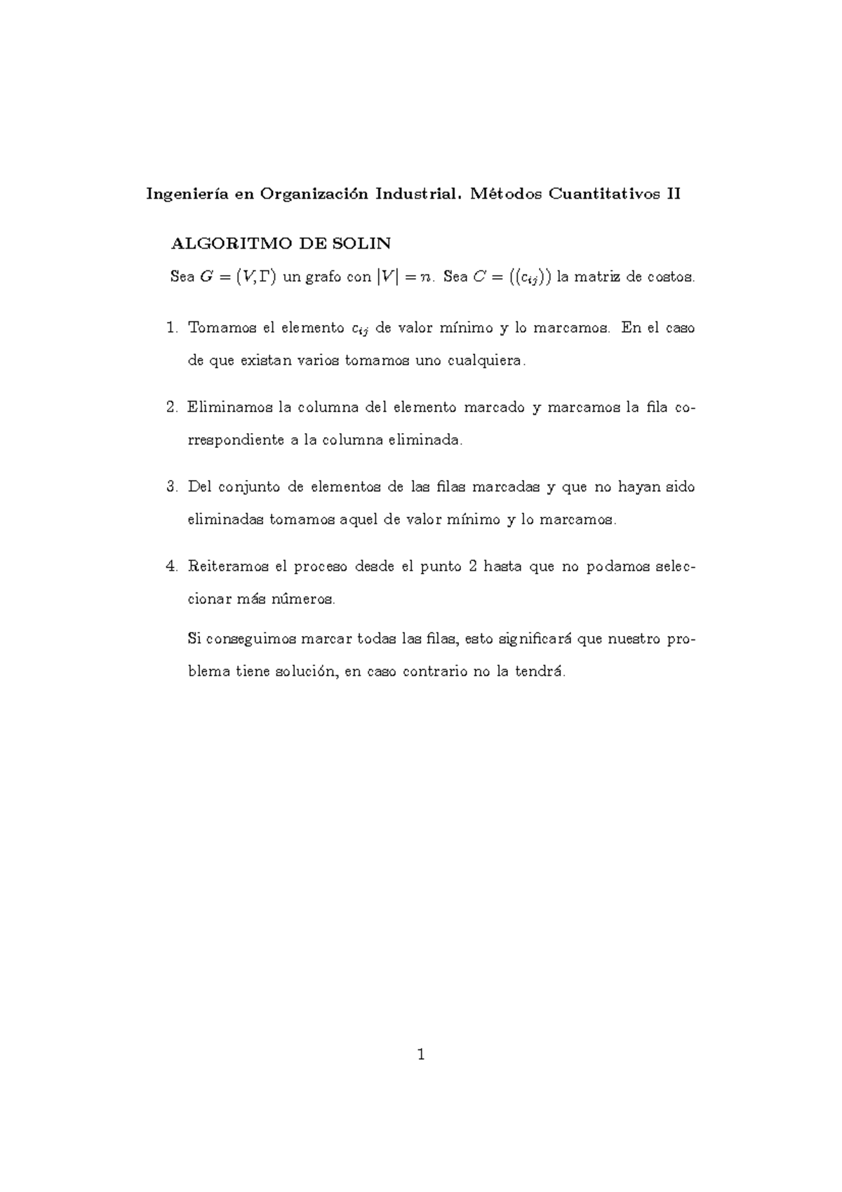 Algoritmo de Solin - Ingeniería en Organización Industrial. Métodos Cuantitativos II ALGORITMO ...