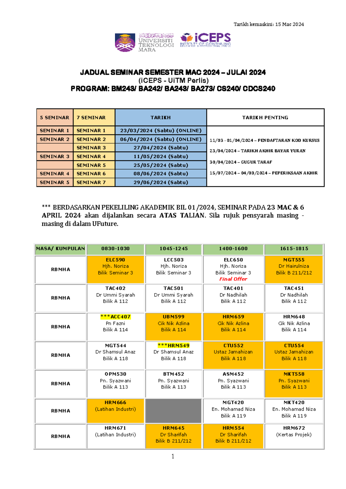 Jadual Seminar - Tarikh kemaskini: 15 Mac 2024 1 JADUAL SEMINAR SEMESTER MAC 2024 – JULAI 2024 ...