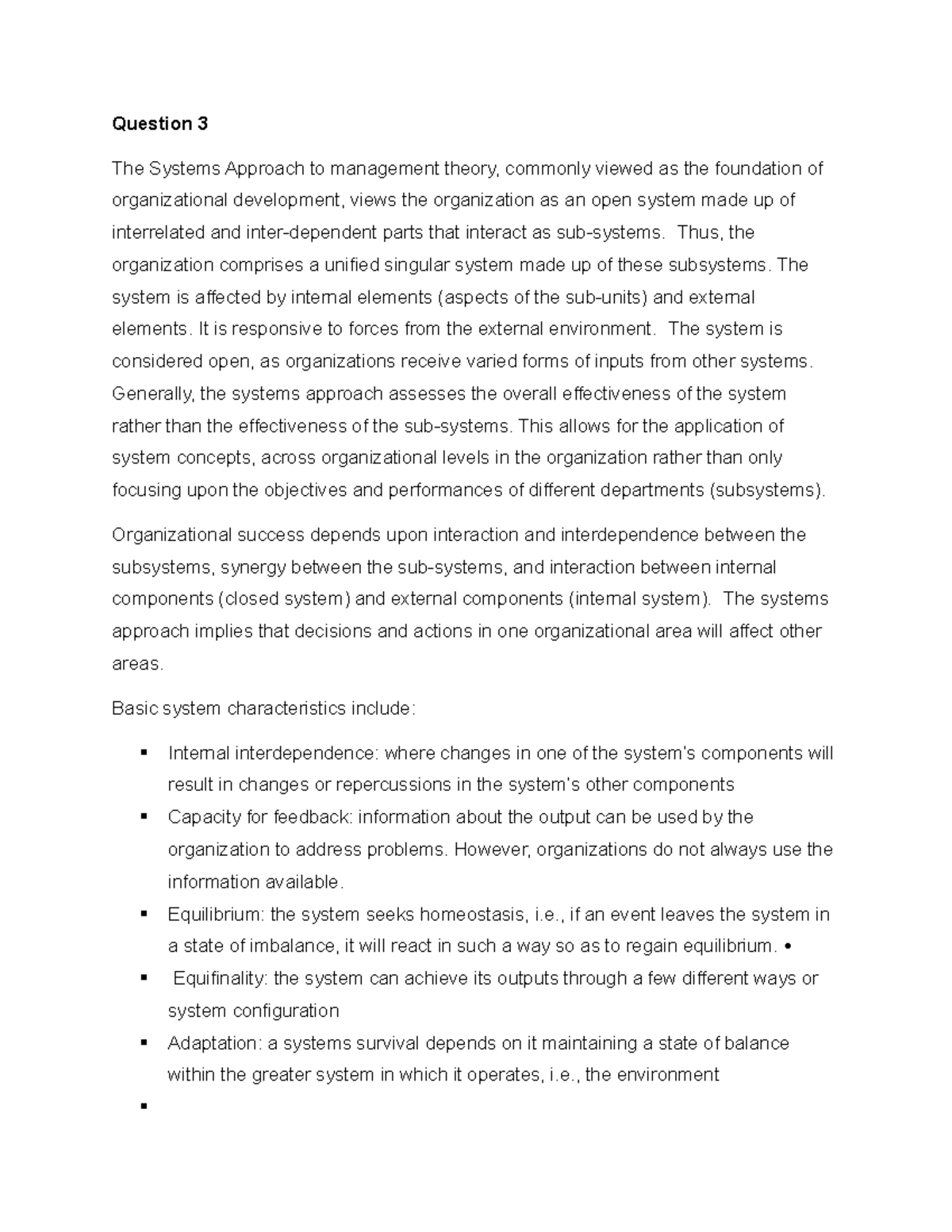 Question 3 - exam notes - Question 3 The Systems Approach to management ...