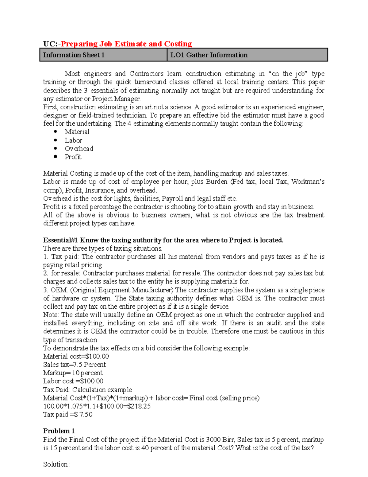 Module 3 - bla bla bla - UC:-Preparing Job Estimate and Costing ...