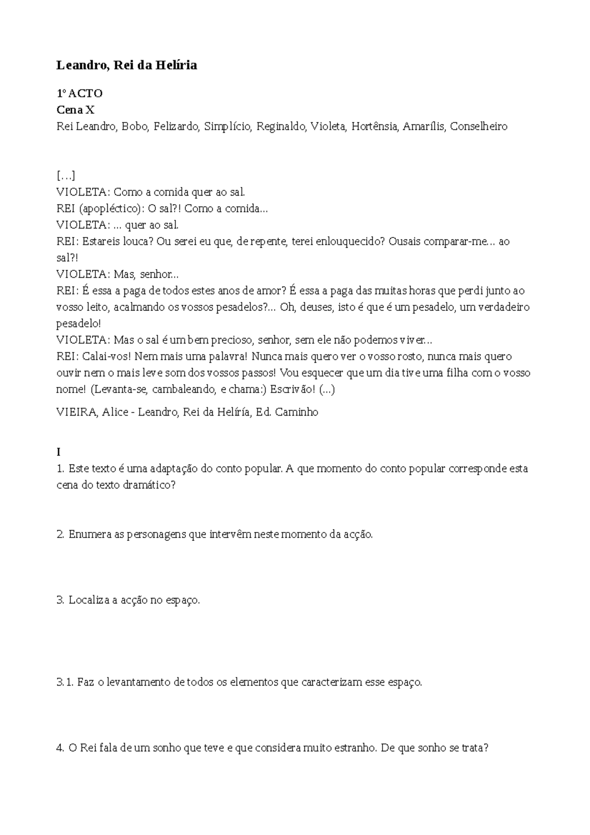 Ficha portugues 7 ano texto dramatico Leandro rei de Helíria - - Studocu