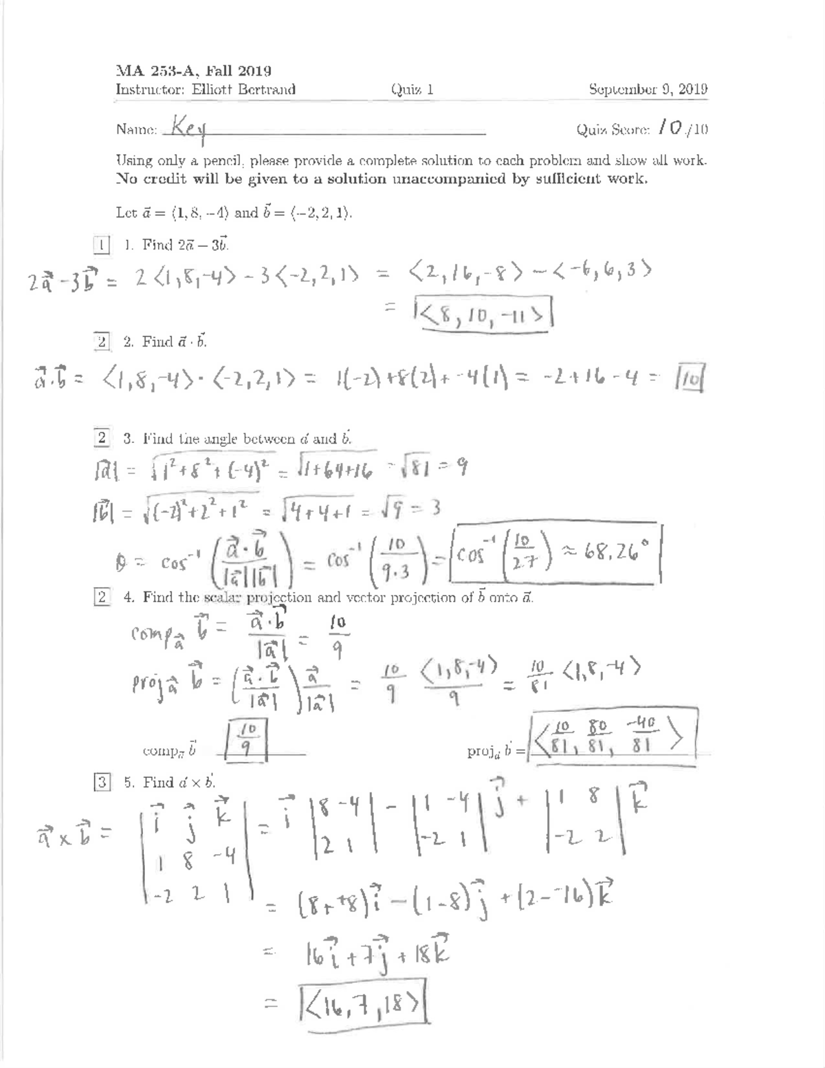MA 253-A F19 Quiz 1 Key - MA 253 - Studocu