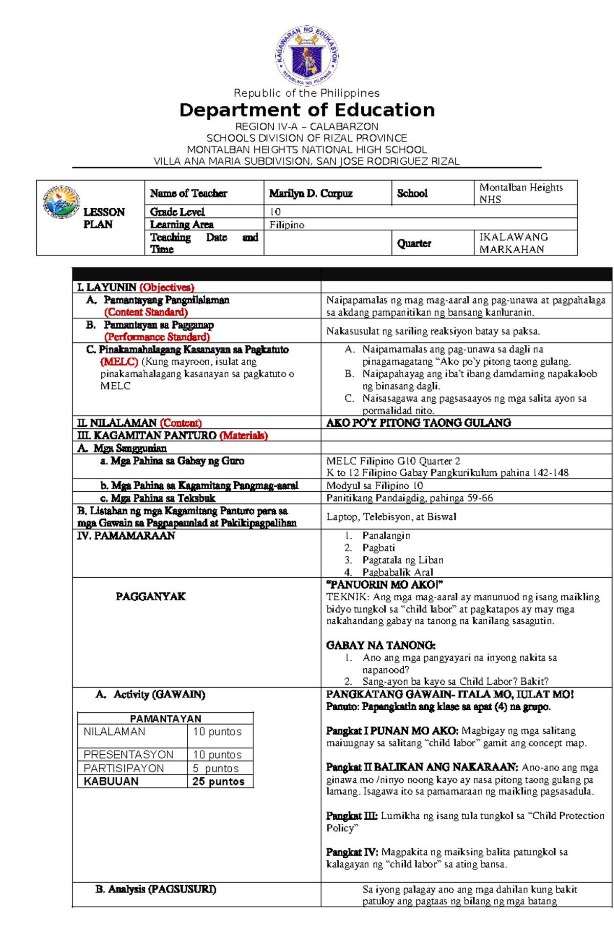 Ako po'y pitong taong gulang (4a's lesson plan) - Republic of the ...