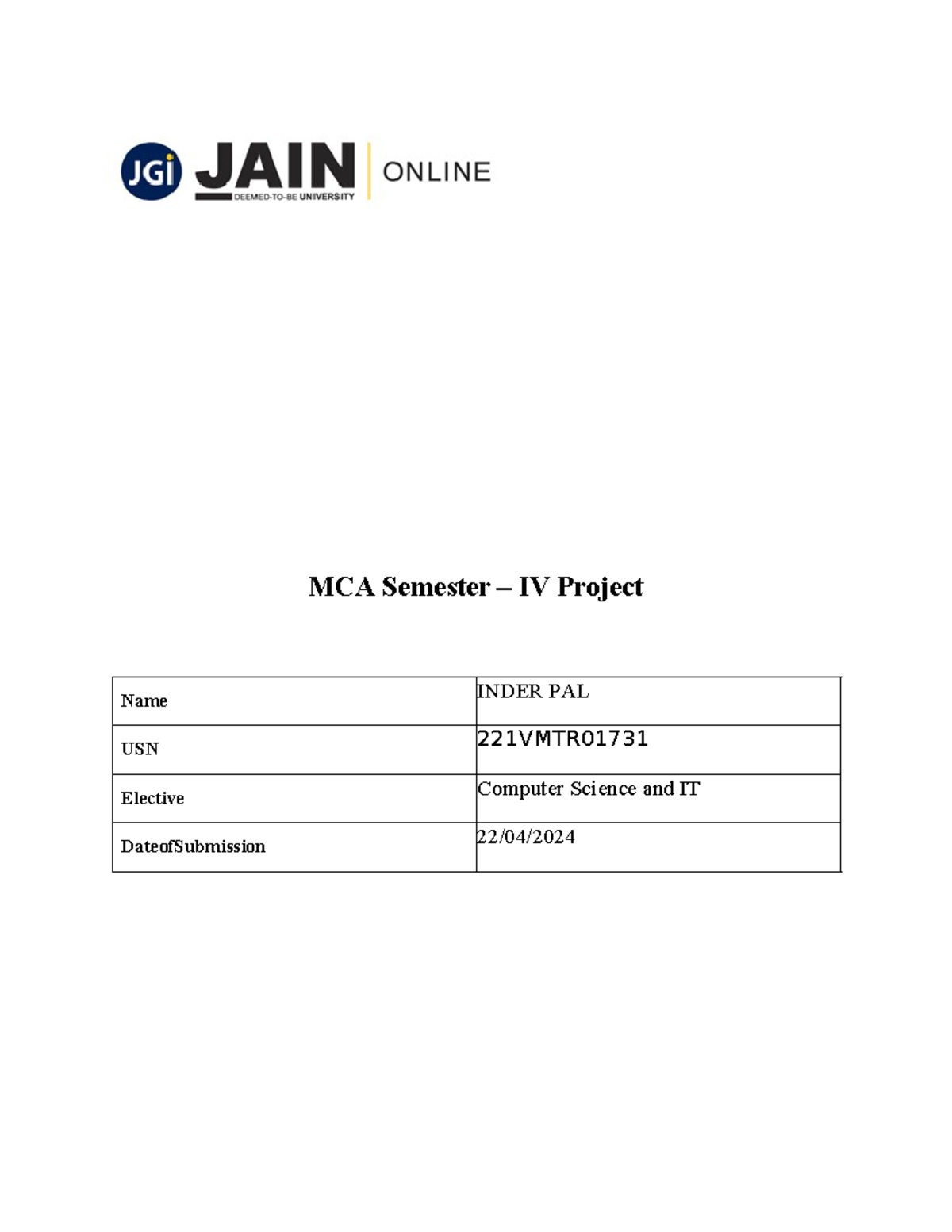 Project Report Template - MCA Semester – IV Project Name INDER PAL USN ...