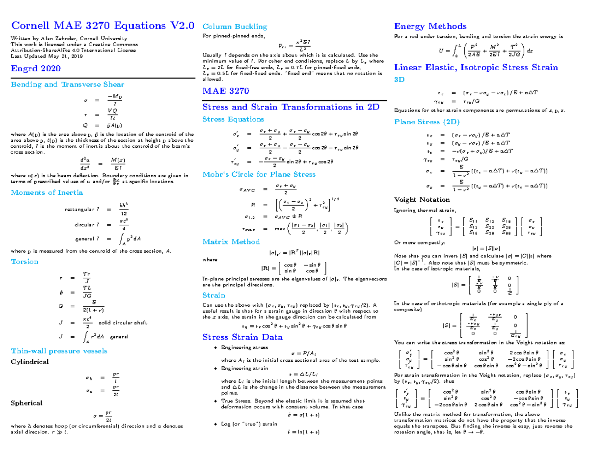 3270 Equation Sheet - Cornell MAE 3270 Equations V2. Written by Alan ...