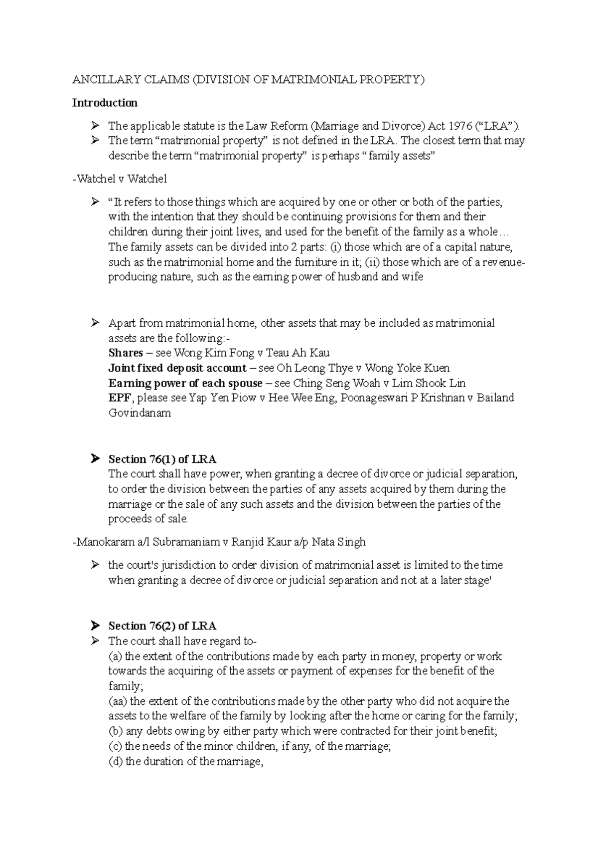 Division OF Matrimonial Property - ANCILLARY CLAIMS (DIVISION OF ...