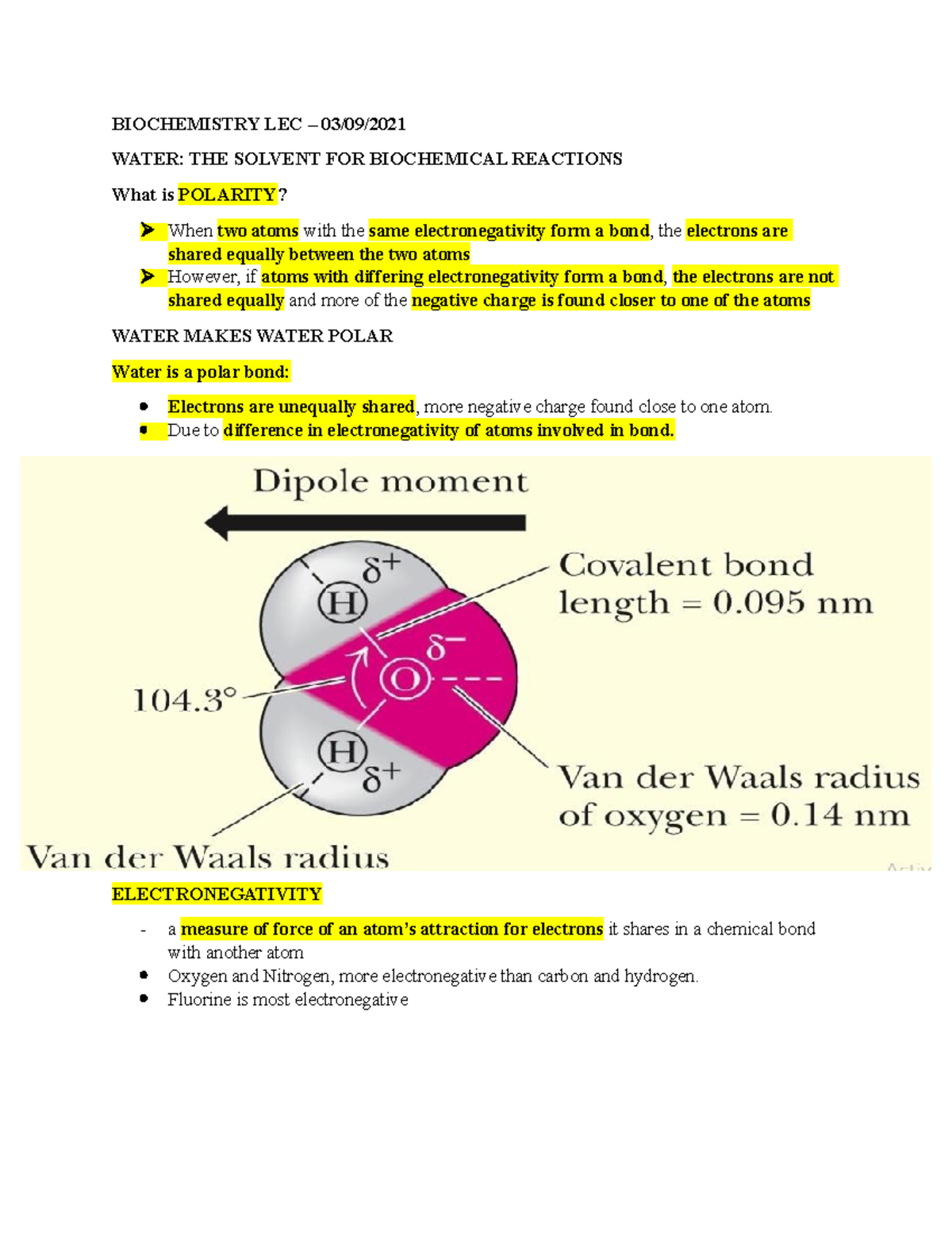 Biochemistry LEC - 03092021 - BIOCHEMISTRY LEC – 03/09/ WATER: THE ...