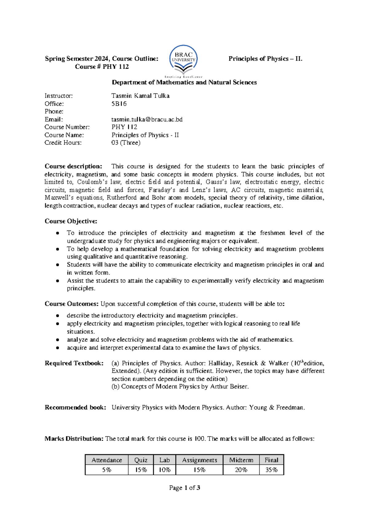 Course Outline PHY-112 Spring 2024 - Page 1 of 3 Spring Semester 202 4 ...