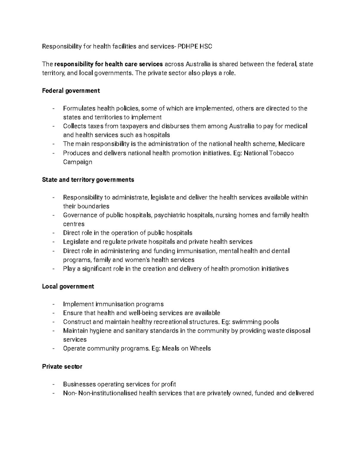 Responsibility for health facilities and services- Pdhpe HSC - The ...