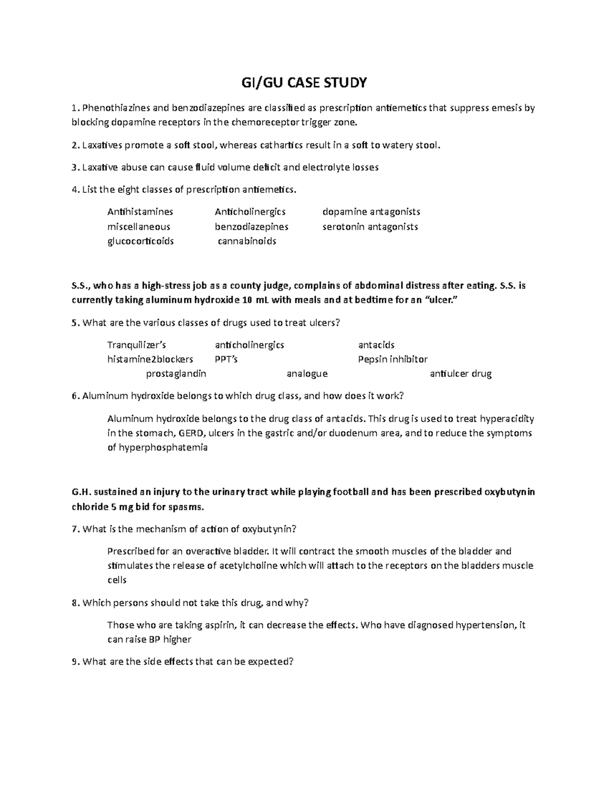 GI Case study - GI/GU CASE STUDY Phenothiazines and benzodiazepines are ...