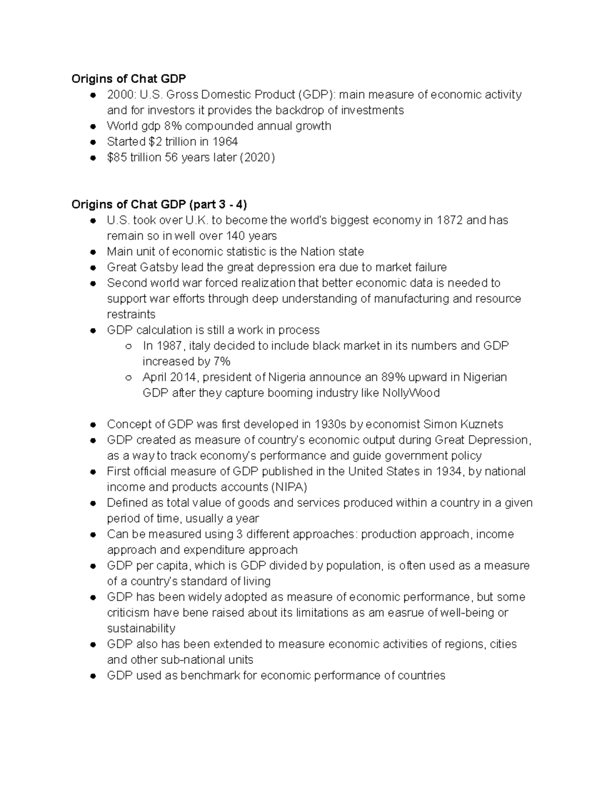 The Origins of GDP - notes taken in class - Origins of Chat GDP 2000: U ...