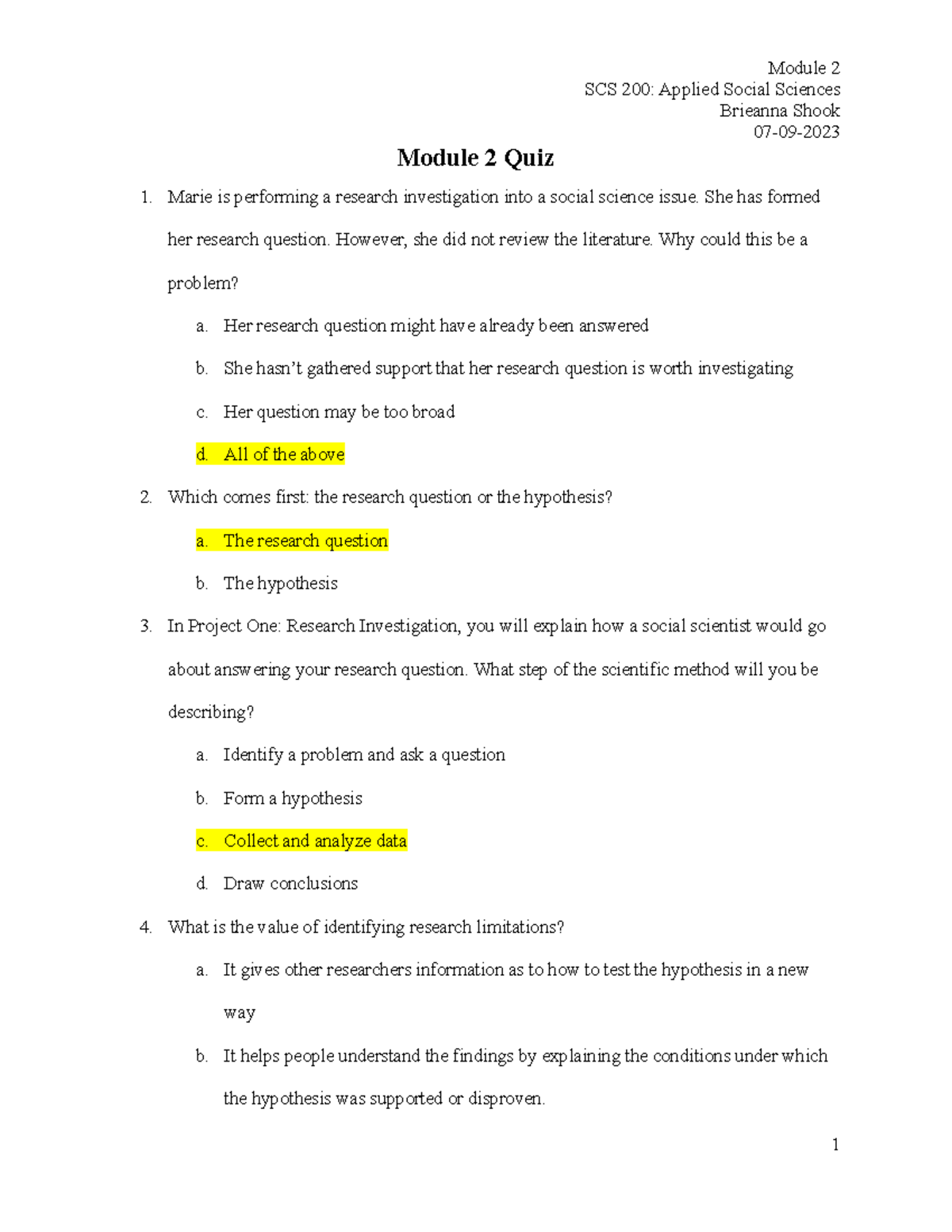 Module 2 Quiz - N/A - Module 2 SCS 200: Applied Social Sciences ...