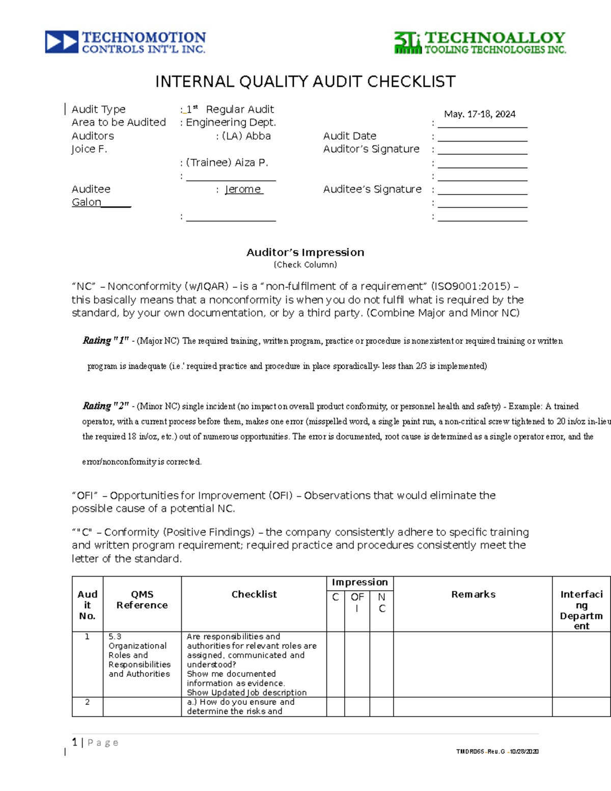 IQA Checklist - Engineering Rev. G. 10 - INTERNAL QUALITY AUDIT ...