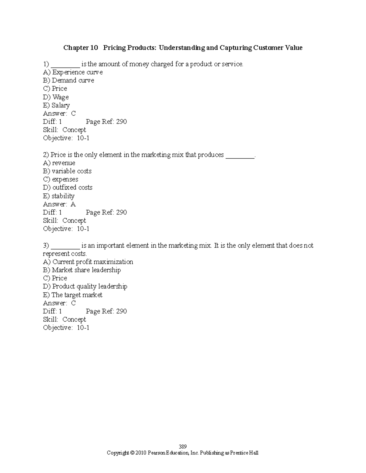 Exam chapter 10 6 May, questions and answers - Chapter 10 Pricing ...