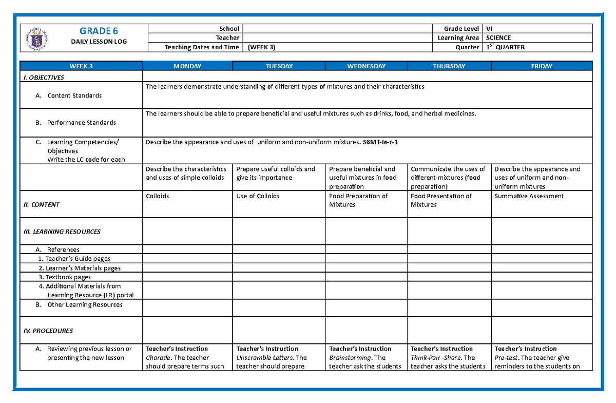 DLL G6 Q1 WEEK 3 ALL Subjects (Mam Inkay Peralta) - GRADE 6 DAILY ...