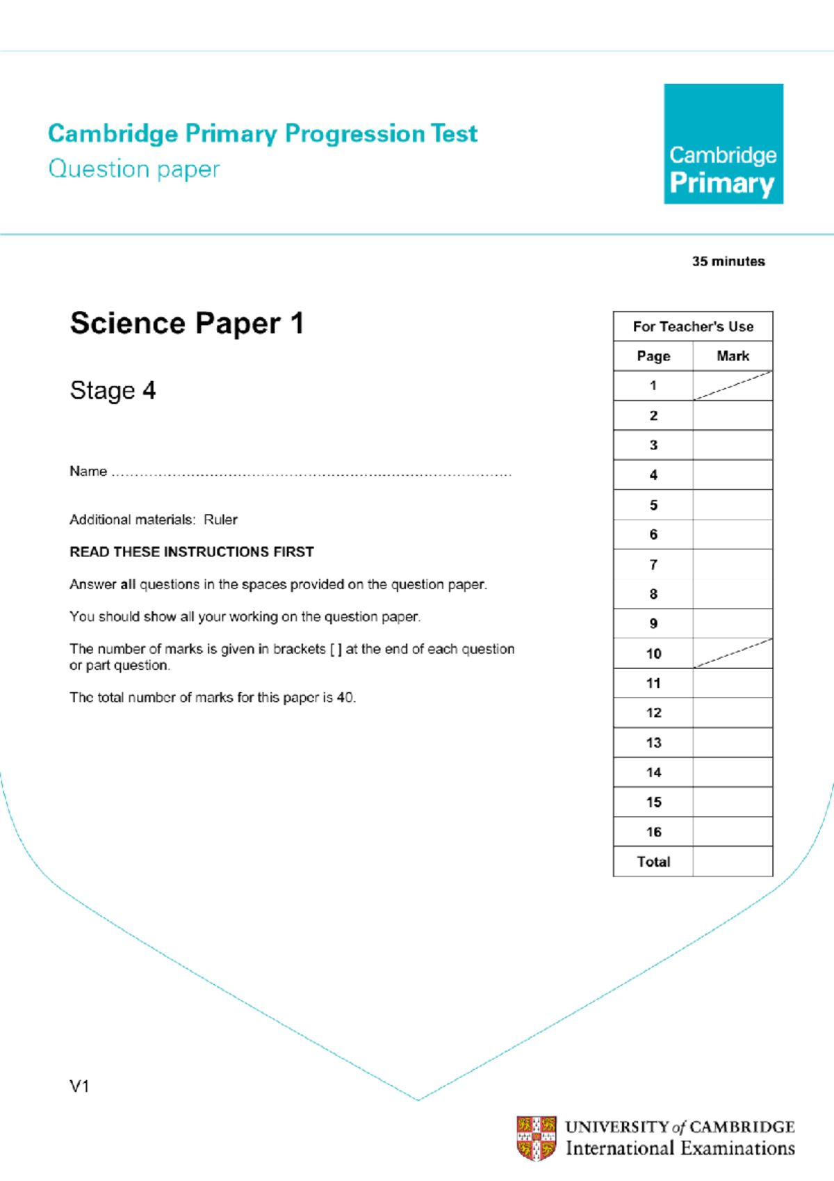 2020 Science Stage 4 Cambridge Primary Progression Test 1 - Cambridge ...