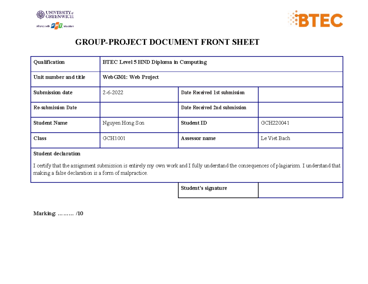 ASM1 Web Project GCH22004 1 - GROUP-PROJECT DOCUMENT FRONT SHEET ...