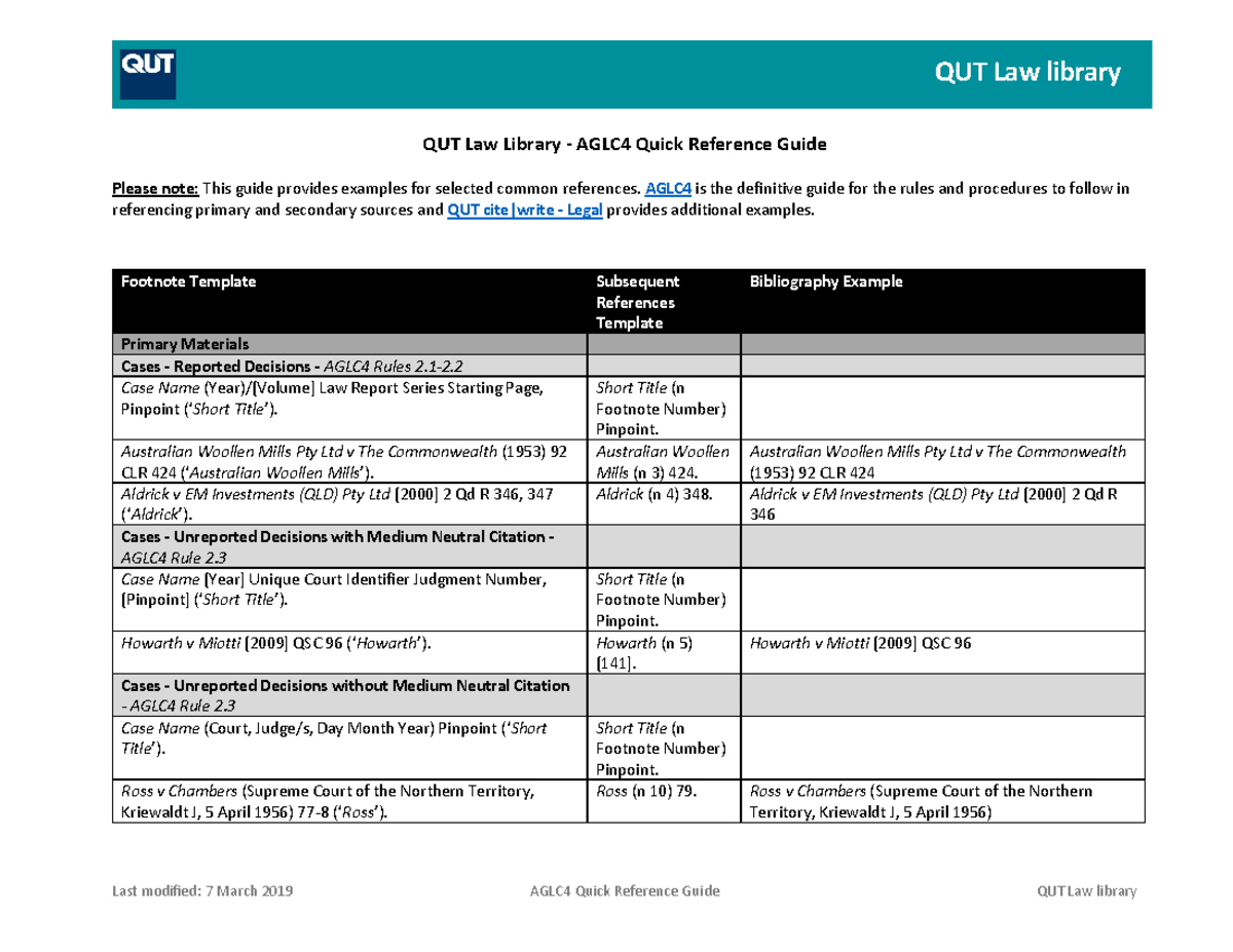 AGLC4 Quickguide(1) - Quickguide to the AGLC - QUT Law Library - AGLC4 ...
