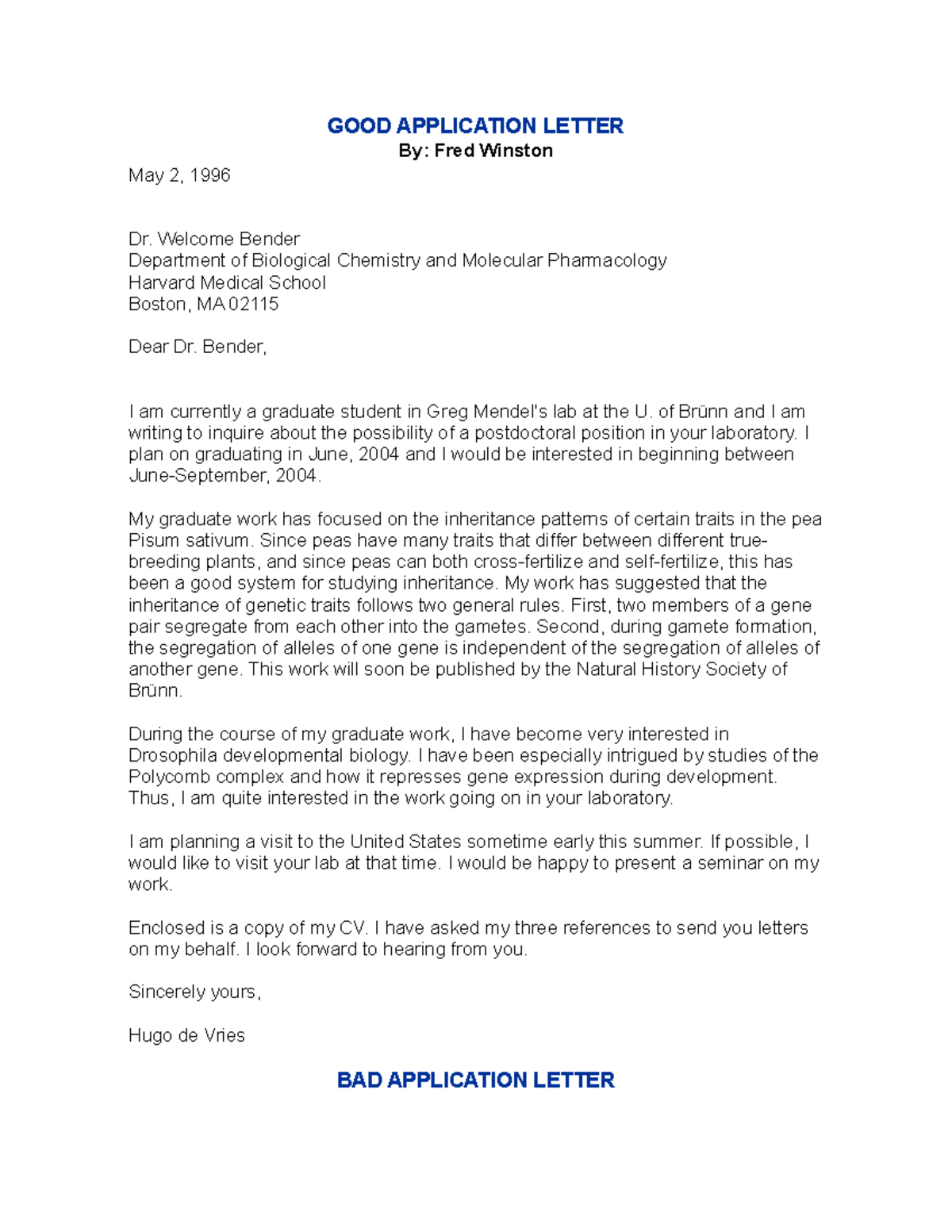 Postdoc Letters Examples GOOD APPLICATION LETTER By Fred Winston May