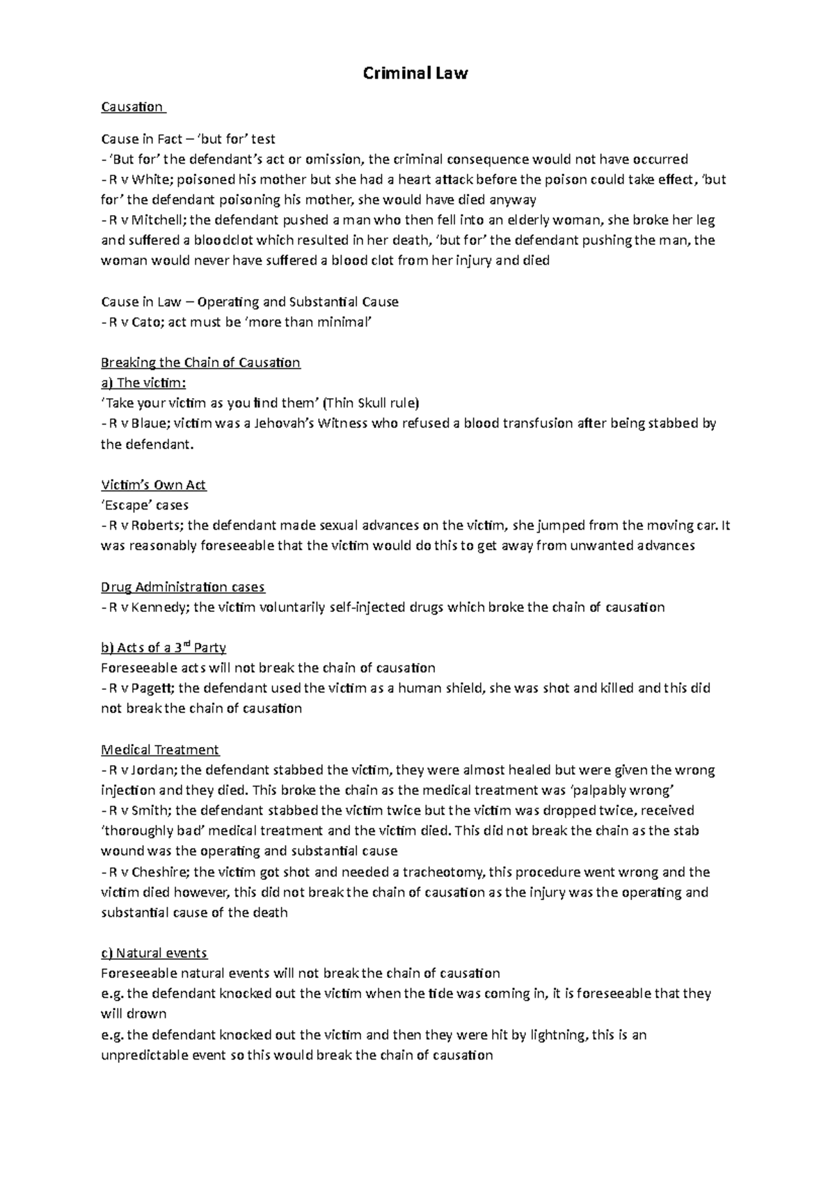 Lecture 5 - Causation - Criminal Law Causation Cause in Fact – ‘but for ...