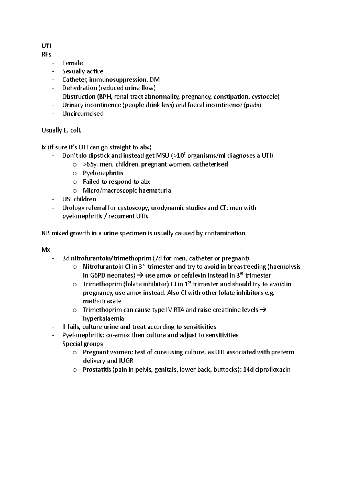 Finals notes on UTI - UTI RFs - Female - Sexually active - Catheter ...
