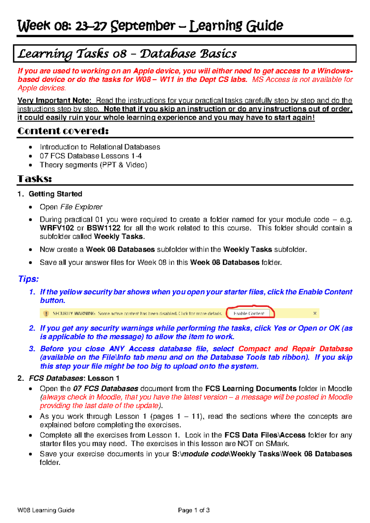 W08 Learning Guide - NOTES - W0 8 Learning Guide Page 1 of 3 Week 08 : ...